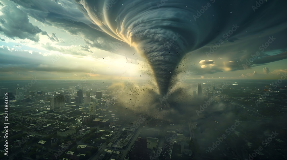 Tornado over a city with dark storm clouds. Natural disaster, cataclysm ...