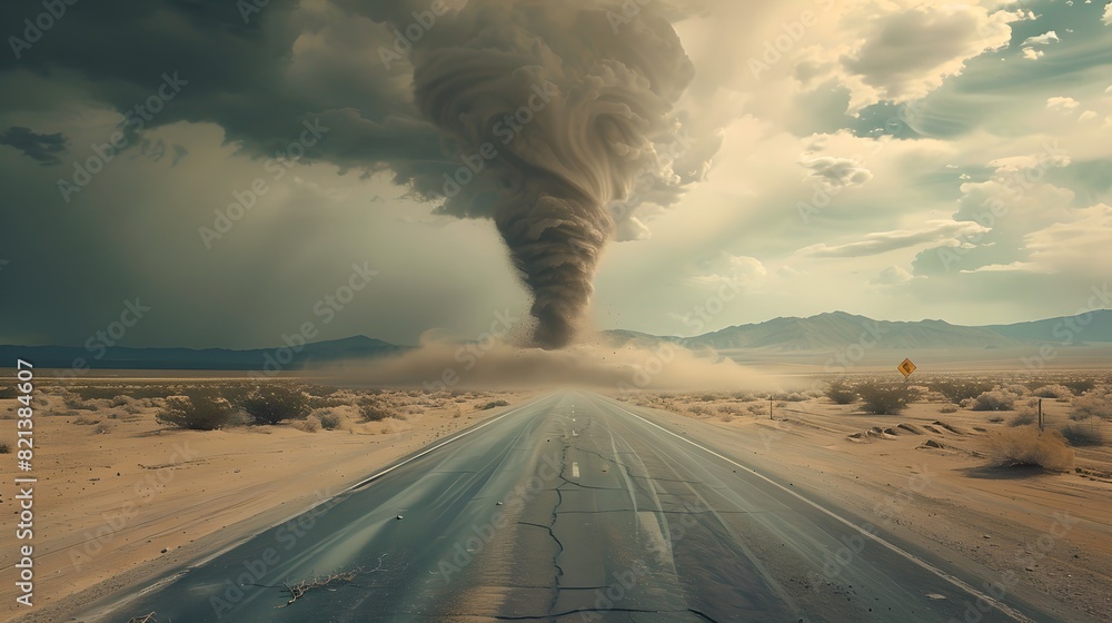 Foto de Tornado over a road in a desert landscape. Natural disaster ...