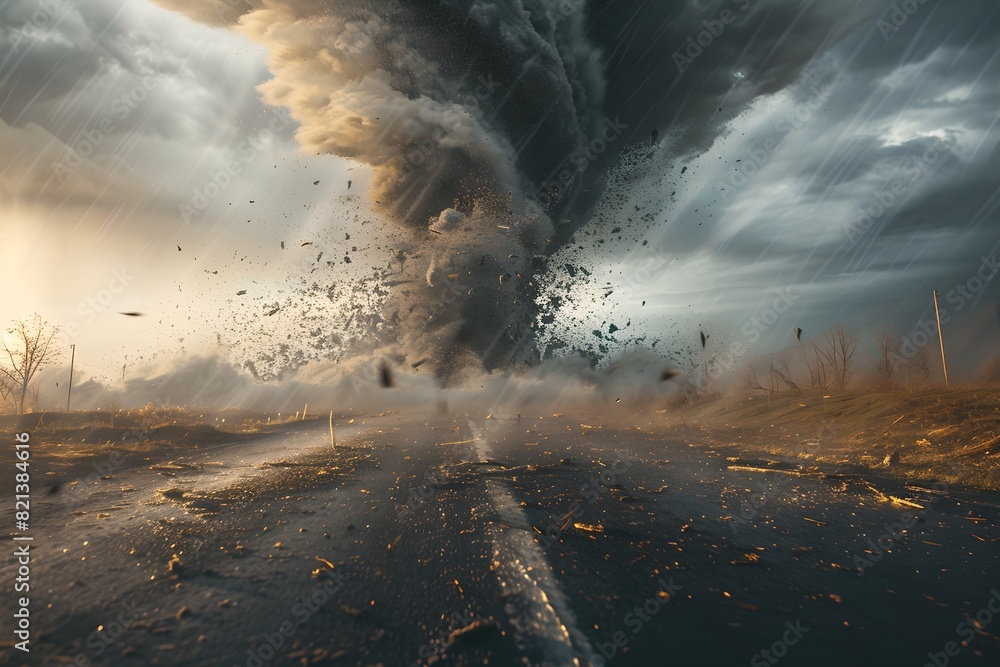 Tornado on road under a stormy sky. Natural disaster, cataclysm concept ...
