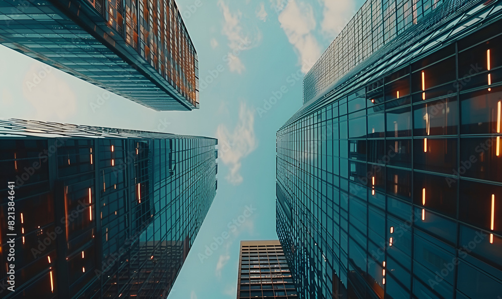 Looking Up Blue Modern Office Building. blue glass window office ...