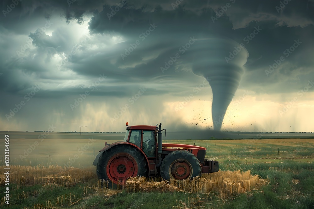 ctor in a field with tornado in the background. Natural disaster ...