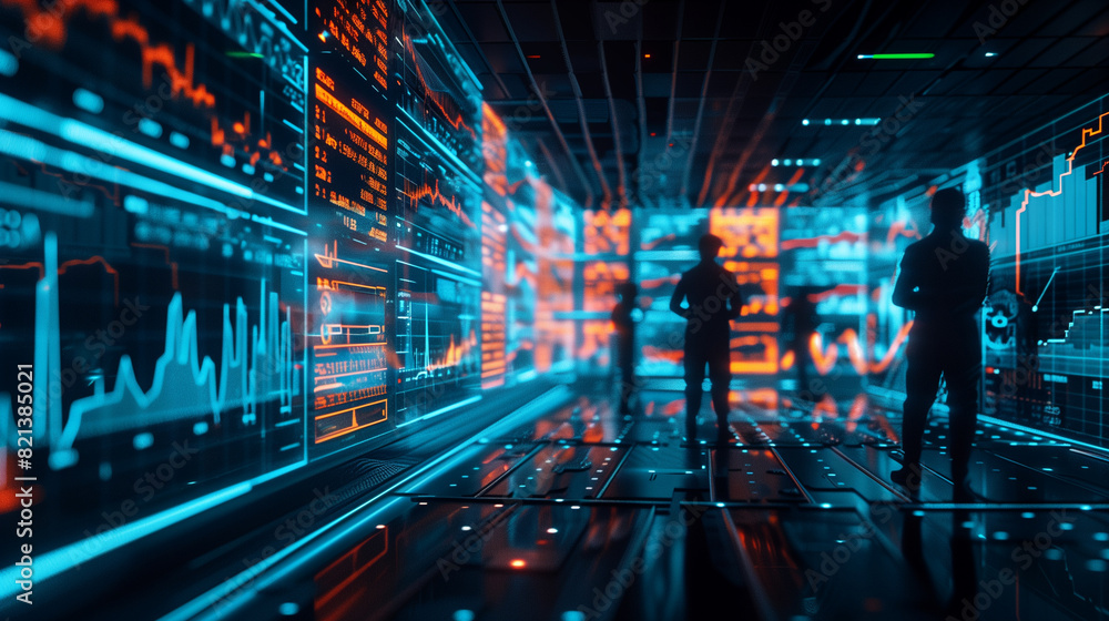 Team of AI engineers and finance experts in a futuristic digital stock ...