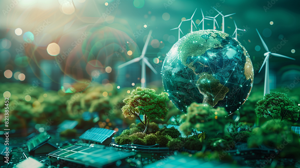 A green globe with wind turbines and solar panels amidst lush forests ...