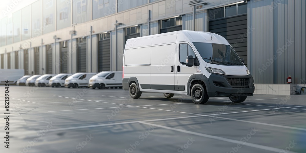 Delivery Van Fleet at Distribution Warehouse. The modern white vans in ...