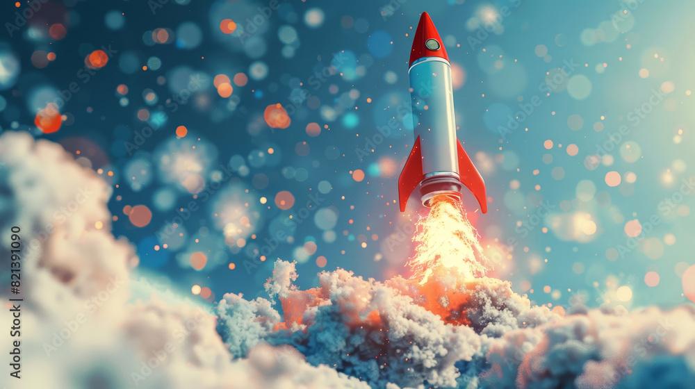 Rocket launch amidst a cloudy blue sky - An illustrious depiction of a ...