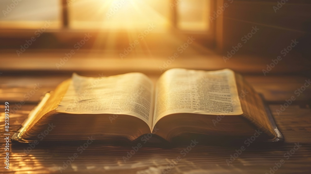 Open book bathed in warm sunlight - An open book highlighted by a warm ...
