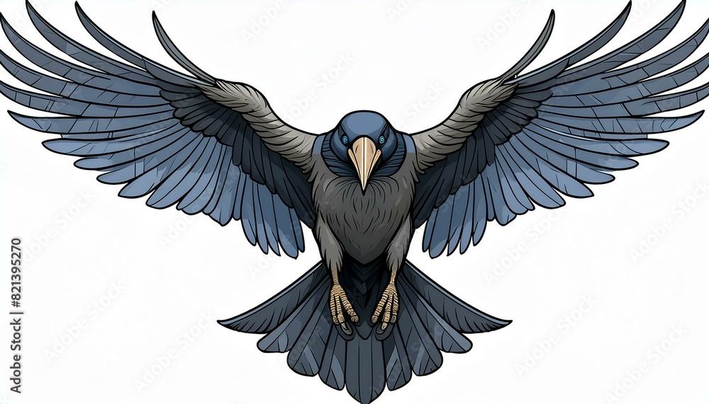 Black raven with outstretched wings, illustration. Isolated on a white ...