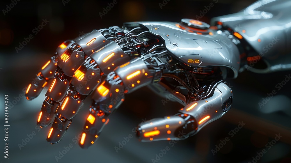 Advanced robotic hand with glowing elements - This image captures a ...
