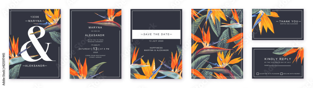 Floral wedding invitation card design template, bright Strelitzia ...