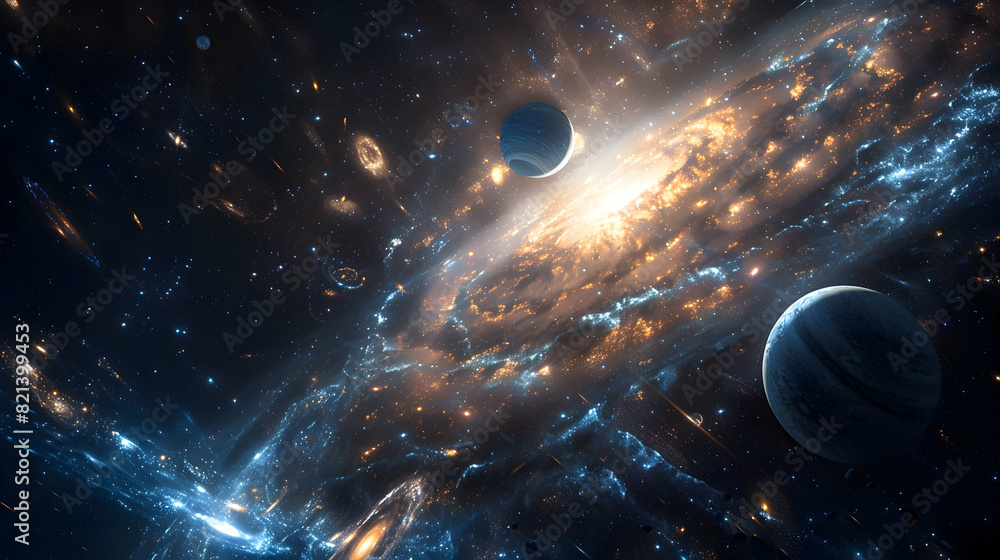 Abstract scientific image, glowing exoplanets in deep space on ...