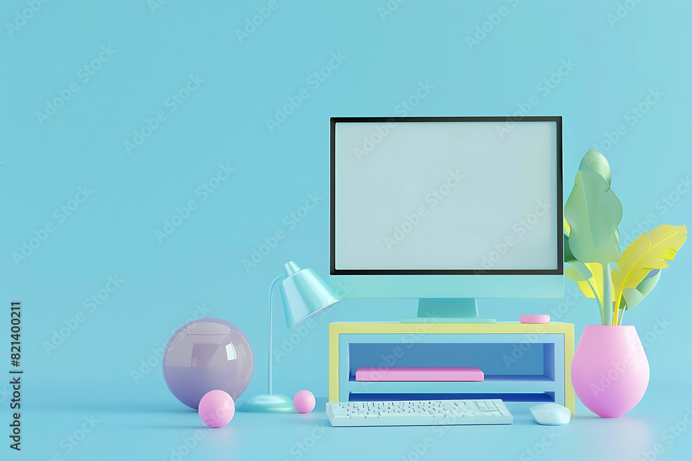 3d render illustration of workplace with computer screen, isolated on ...