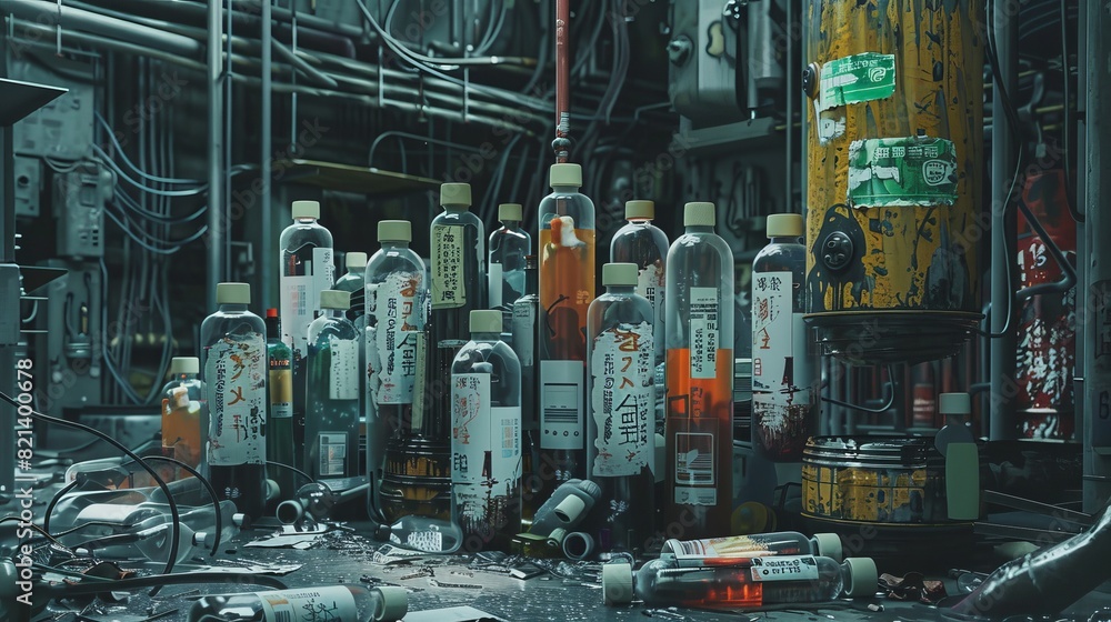 Rusty spray paint cans in a dark industrial setting for cyberpunk or ...