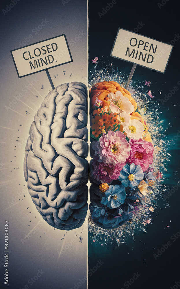 An illustration of a brain split in half. The left side, labeled ...
