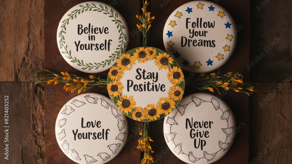Five round buttons adorned with motivational phrases are arranged in a ...
