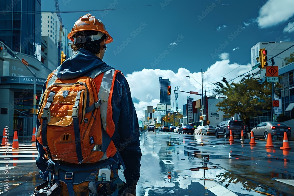Flagger directing vehicles in active urban construction zone Stock ...