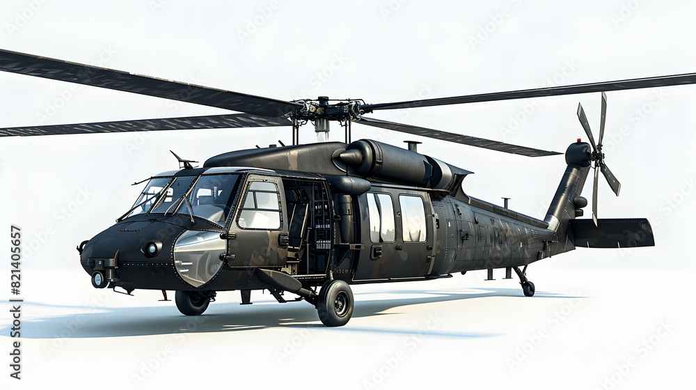American utility helicopter Sikorsky UH-60 Black Hawk, isolated, sky background. Twin-engine ...