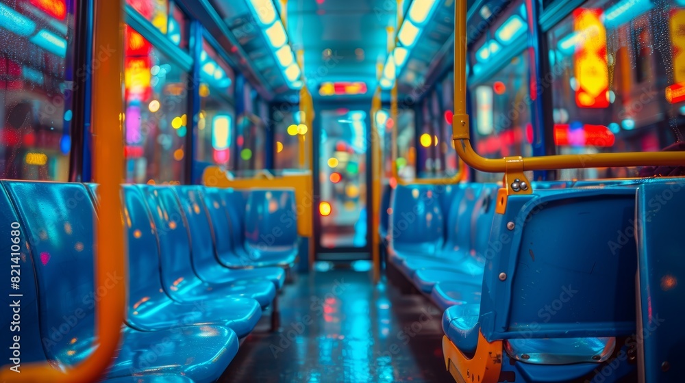 A vibrant and colorful perspective of the interior of a city bus at ...