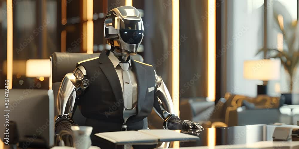 A robot businessman with a sharp business suit sits confidently at an ...