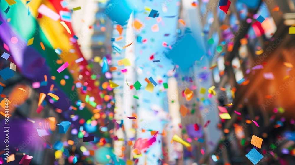 High-angle shot of rainbow-colored confetti falling during a pride ...