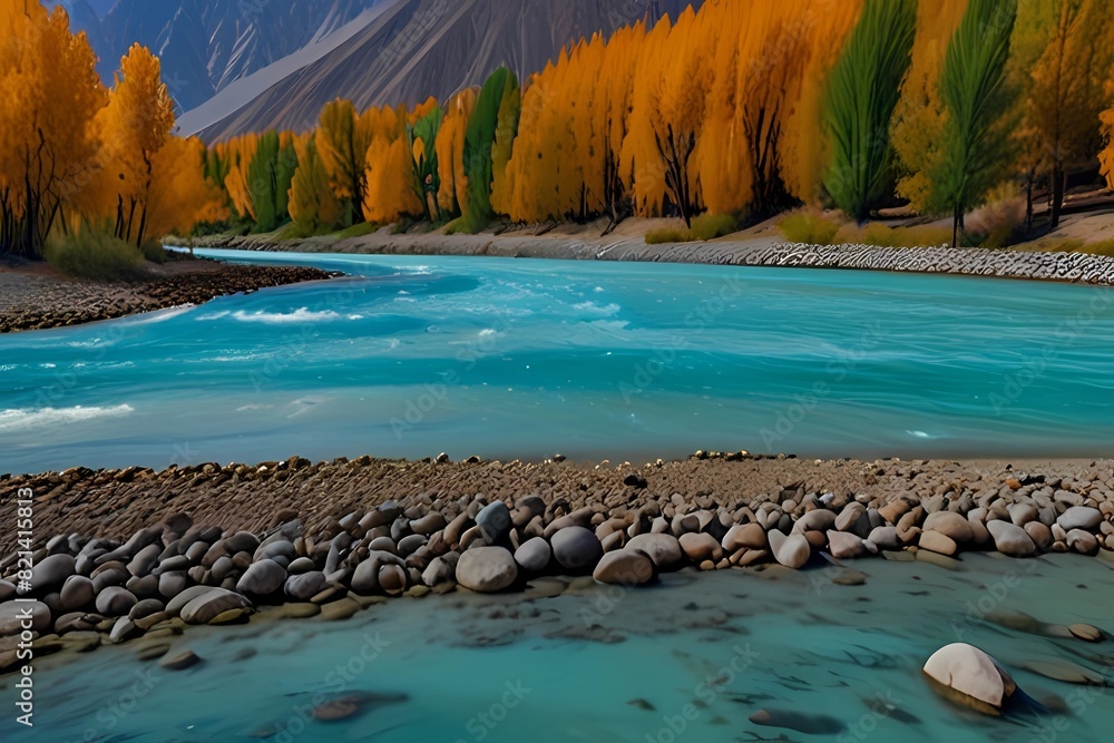 Autumn scene, blue turqu oise water of Gilgit river flowing through Gupis,Pakistan. Autumn scene ...