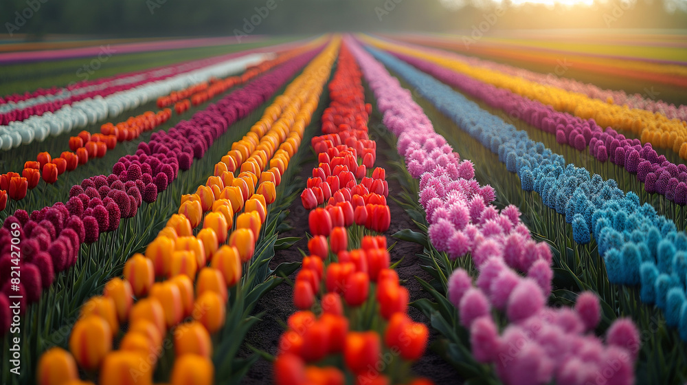A field of colorful tulips in the Netherlands, arranged into long rows ...