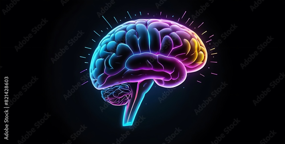 isolated on dark gradient background with copy space, neon human brain ...