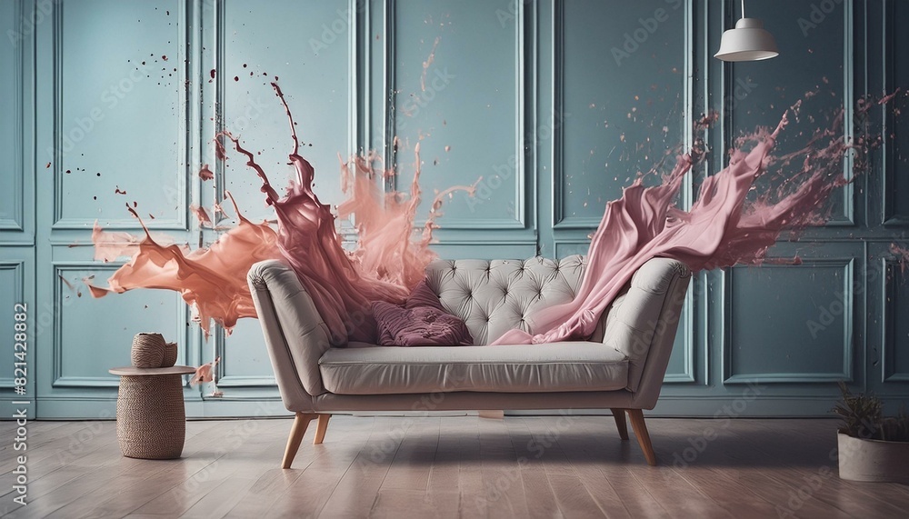 splashes of colorful vibrant paint liquid water in the air; interior ...