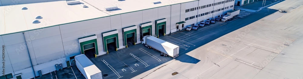 A contemporary warehouse with loading bays, trucks, logistics ...