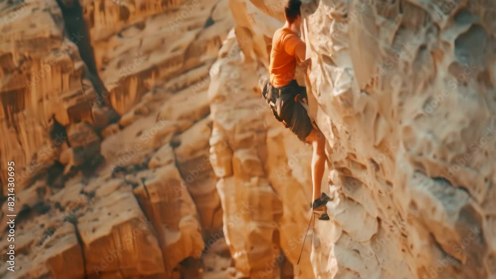 A climber ascends a sheer rock face with tense muscles, A climber ...