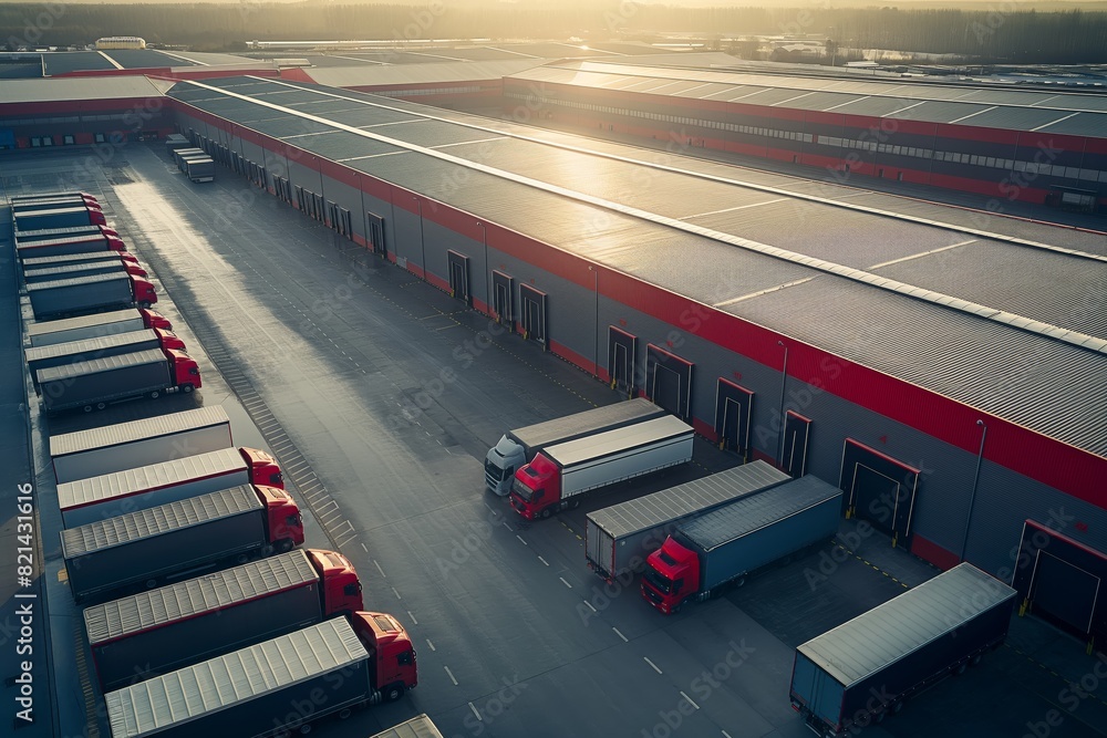 An aerial shot captures a modern logistics warehouse with trucks at ...