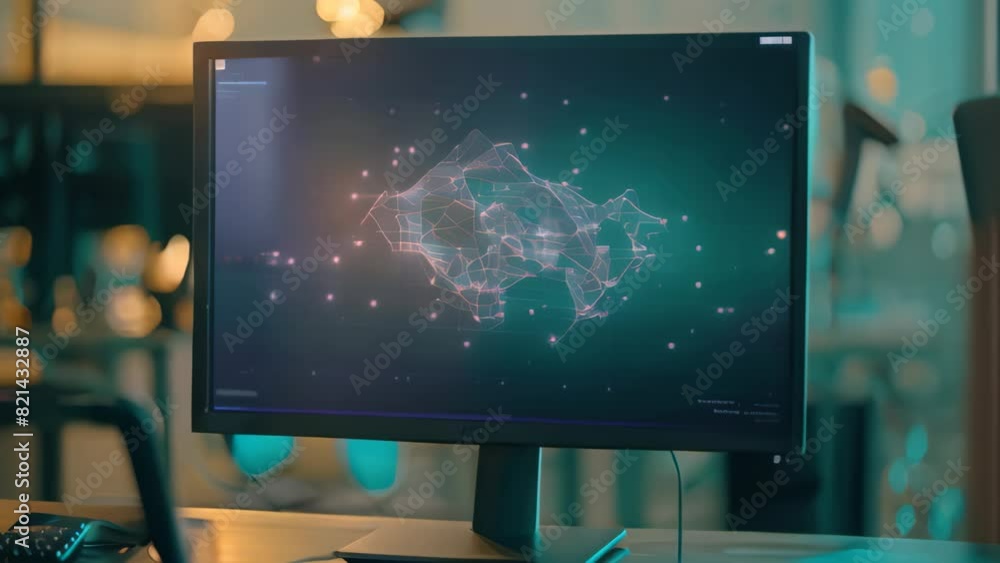A computer monitor displaying a 3D visualization on top of a desk in an ...