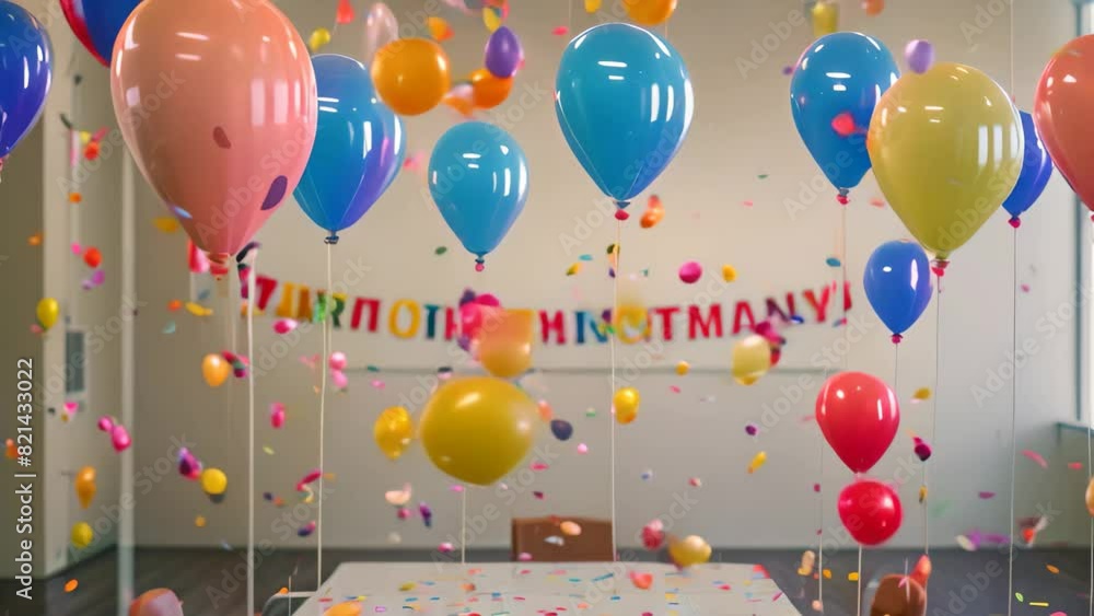 A group of colorful balloons and confetti scattered on a table in a ...