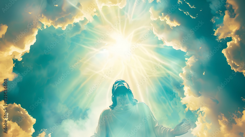 Foto de Jesus Christ in blue sky with clouds, bright light from heaven ...