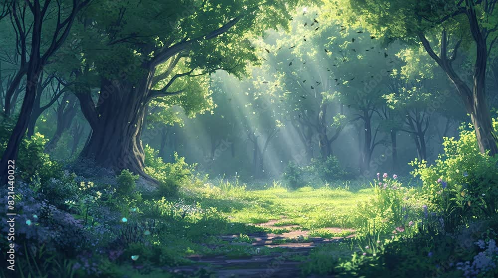 Majestic forest landscape with sunlight soaring through the canopy ...