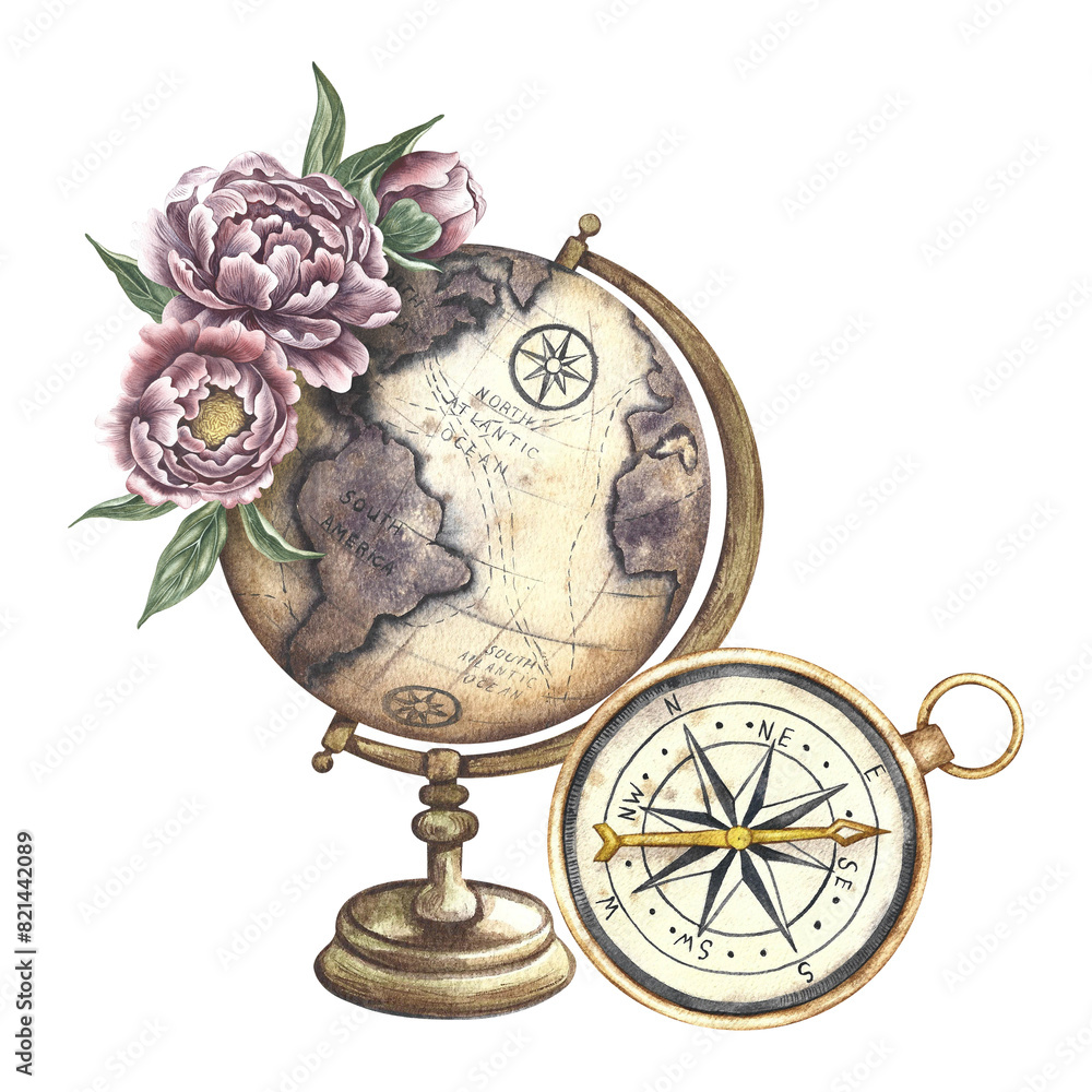Vintage globe and retro compass. A hand-painted watercolor illustration ...