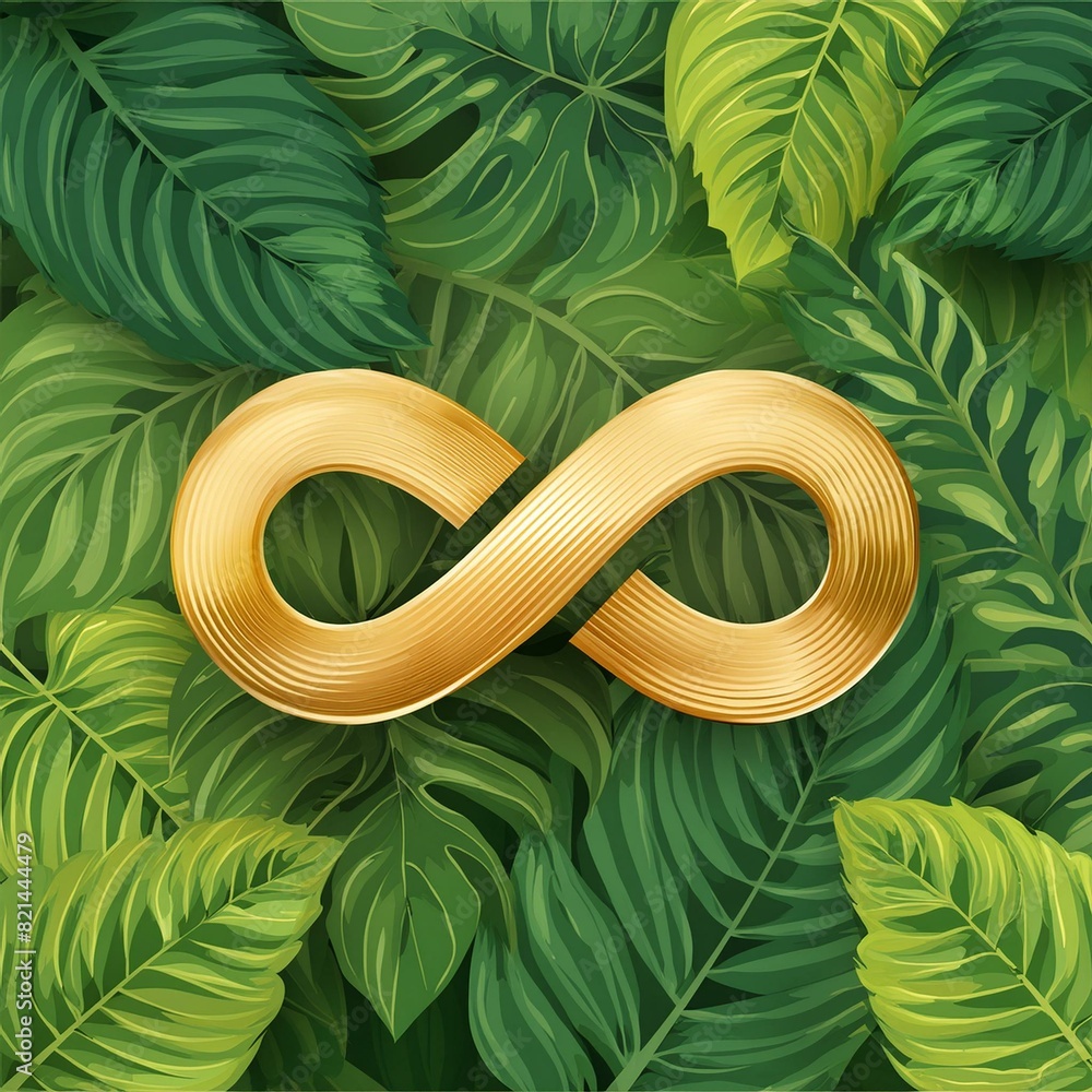 Golden infinity symbol sign on nature background with green leaves ...