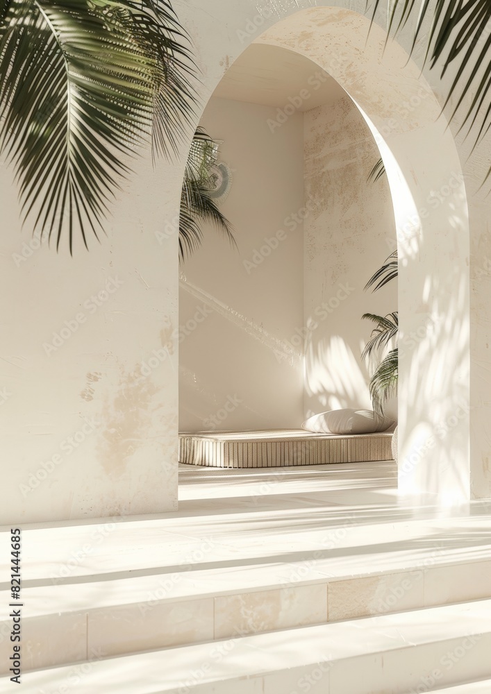 Luxury hotel interior with glowing light and palm trees, summer daybed ...