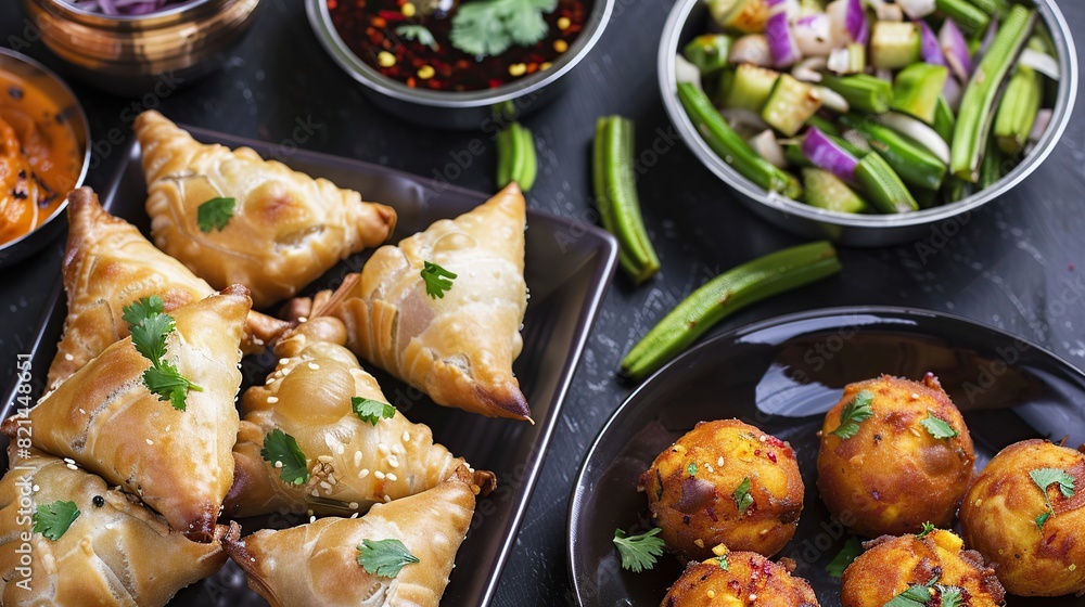 samosas, onion bhaji, manchurian balls and okra. Generative Ai Stock ...