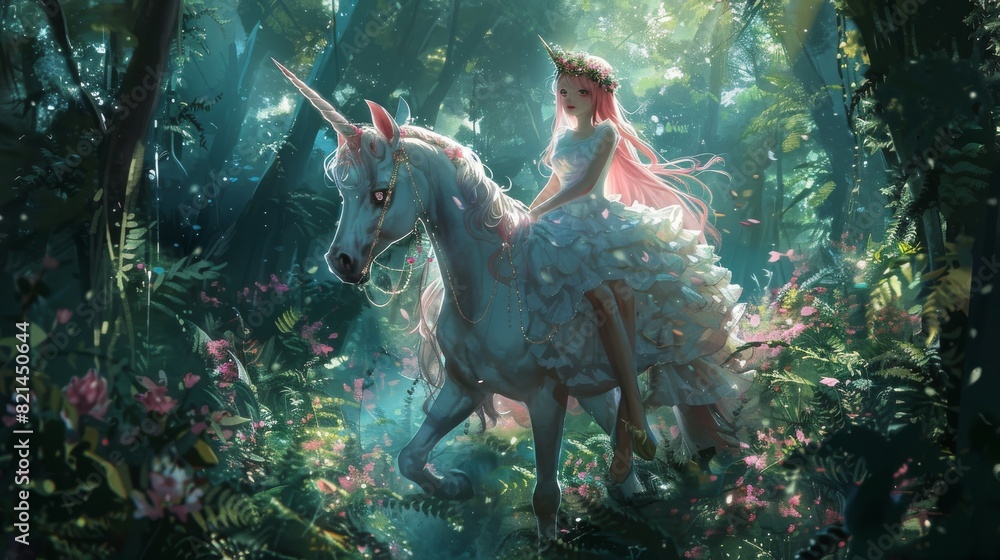 Enchanted princess riding a unicorn in a magical forest for fantasy ...
