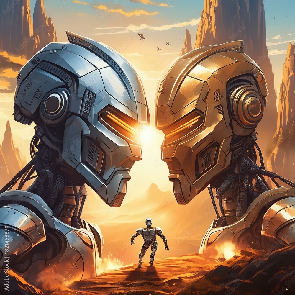 Two futuristic opposite ai robots. Battle of good and bad artificial ... Two futuristic opposite ai robots. Battle of good and bad artificial ...