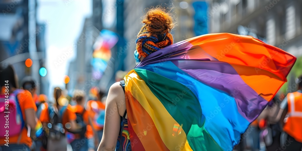 Protesters holding LGBT trans flag seen from behind on city street ...