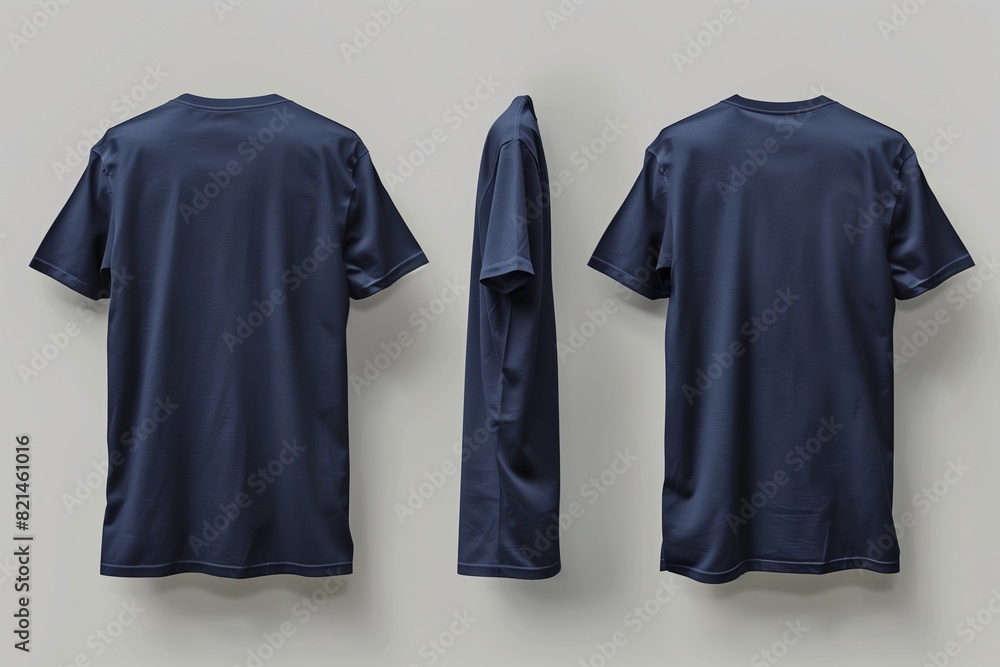 Blank navy blue t-shirt mockup side view isolated on light grey ...