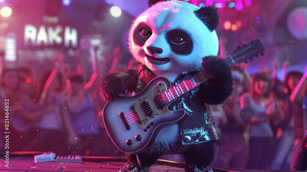 Panda playing guitar on stage for a rock concert Stock Illustration ...