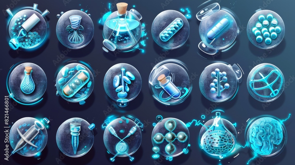 Science laboratory set with flasks, tubes and cells for futuristic or ...