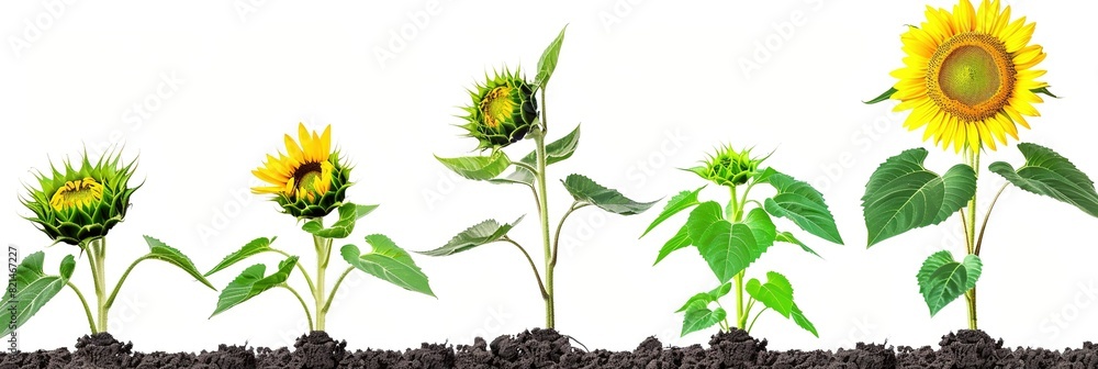 Sunflower plant depicted in various stages of growth, showcasing its ...