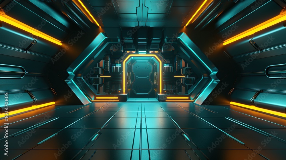 Background design, futuristic wall panel, cyan and yellow neon lighting ...
