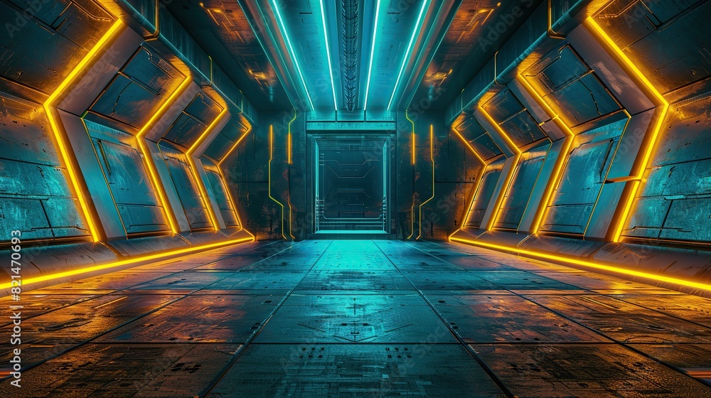 Background design, futuristic wall panel, cyan and yellow neon lighting ...
