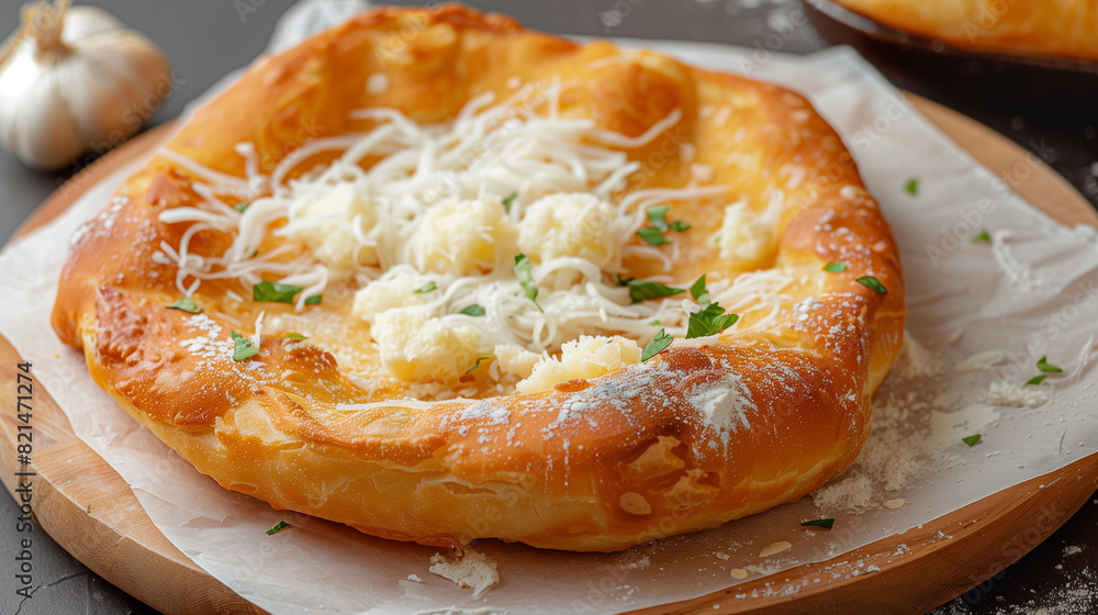 Delicious lángos in the market with garlic. Langos is a traditional ...