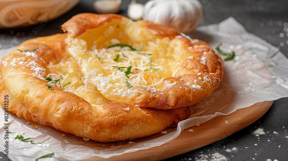 Delicious lángos in the market with garlic. Langos is a traditional ...
