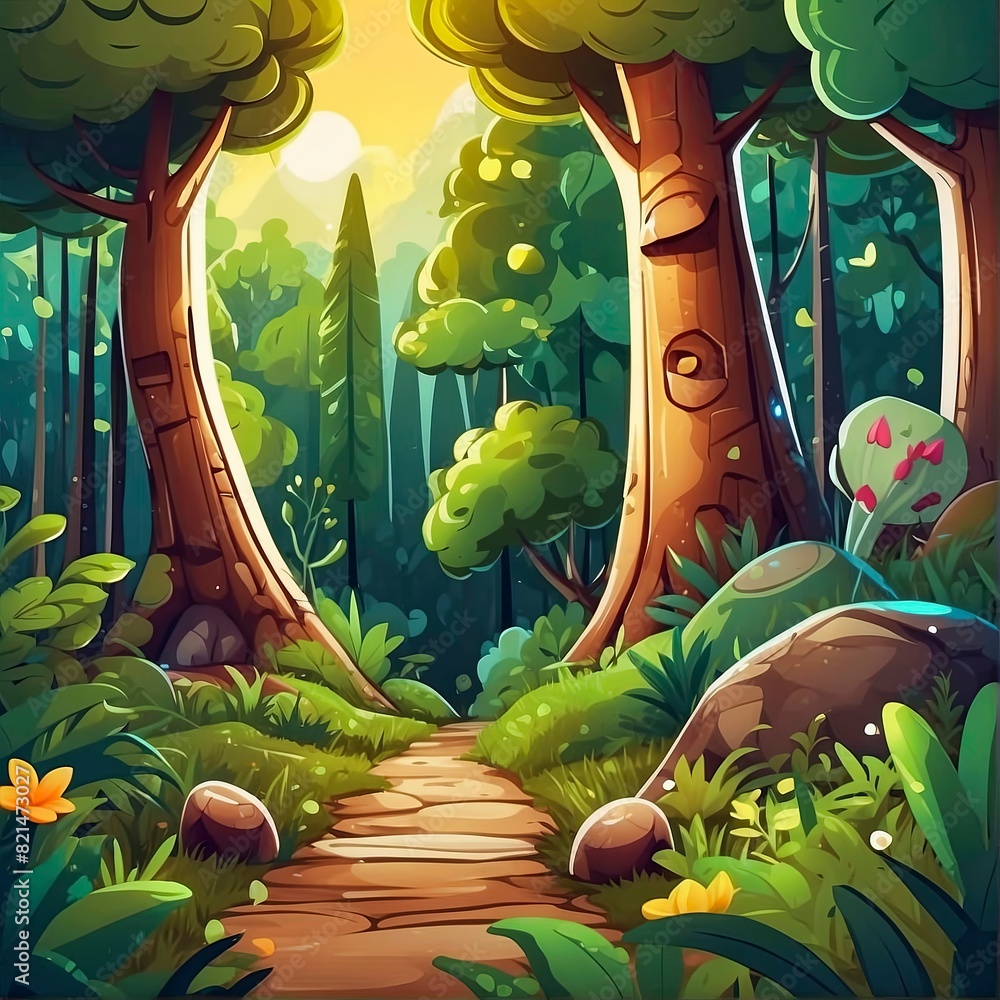Comic background with stone pathway in deep green forest. Beautiful ...